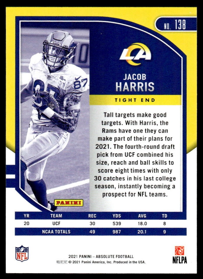 2021 Panini Absolute Jacob Harris #138 Rookie Los Angeles Rams | eBay