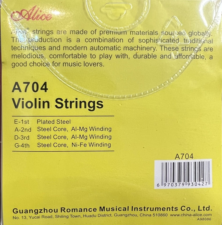 ALICE - Violin Strings Steel Core Strings Al-Mg and Ni-Fe Winding A704 ...