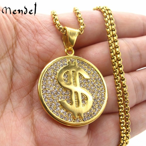 MENDEL Mens Stainless Steel Gold Rap Hip Hop Money Dollar Sign Pendant ...