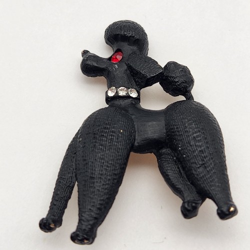 VINTAGE MAMSELLE BLACK POODLE Pin DOG RHINESTONE EYE Collar BROOCH 1.75 ...