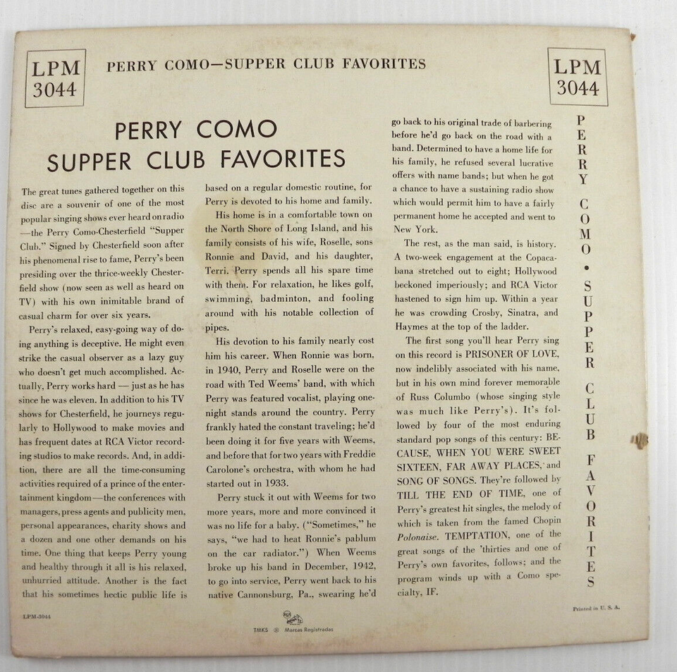 Perry Como – Supper Club Favorites ~ 1952 RCA Victor LPM 3044 10" LP | eBay
