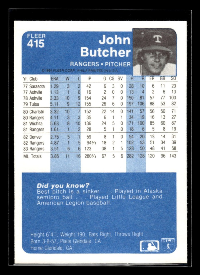1984 Fleer Baseball #415 John Butcher Set Break Mint+ Texas Rangers | eBay