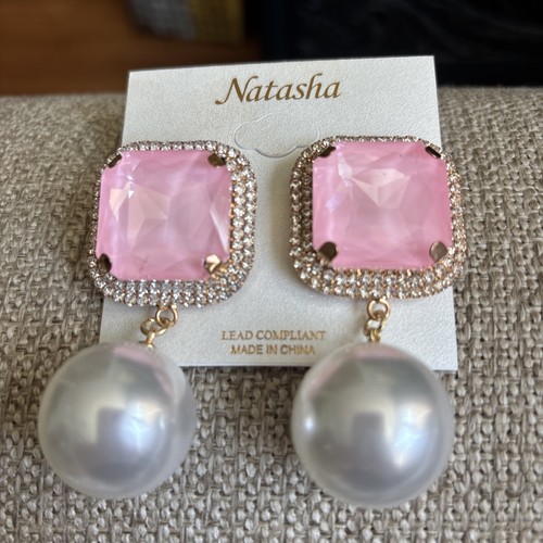NWT NATASHA Statement Oversized Pearl/Pink Iridescent Crystal Drop ...