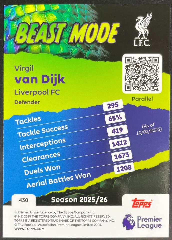 2025-26 Virgil van Dijk Beast Mode 002/199 Purple Speckle Topps Premier ...