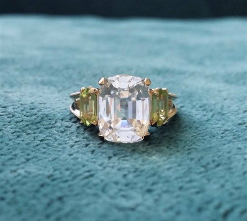 3Ct Cushion Simulated Diamond Peridot Trilogy Engagement Ring Rose Gold ...