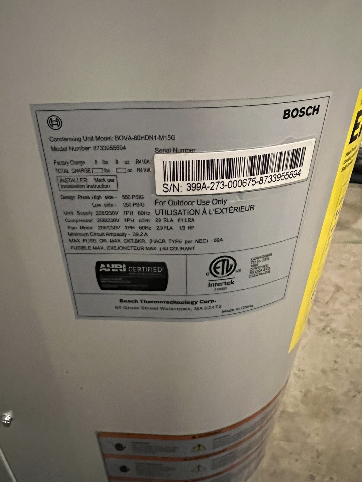 Bosch - BOVA-60HDN1-M15G - 15 SEER R410A 5-Ton Inverter Heat Pump ...