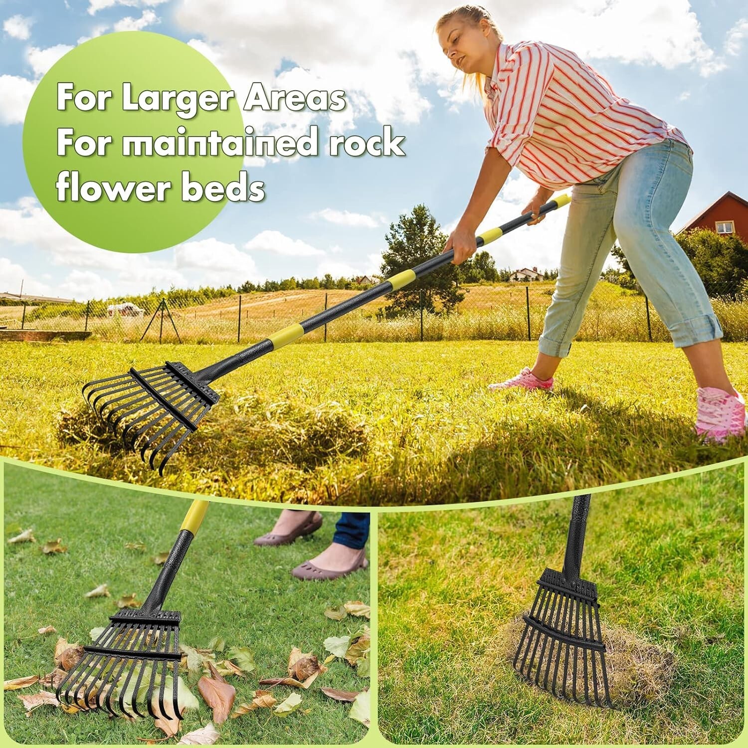 Garden Leaves Rake 60 Inch Heavy Duty Small Shrub Rake 11 Metal Tines 8 ...
