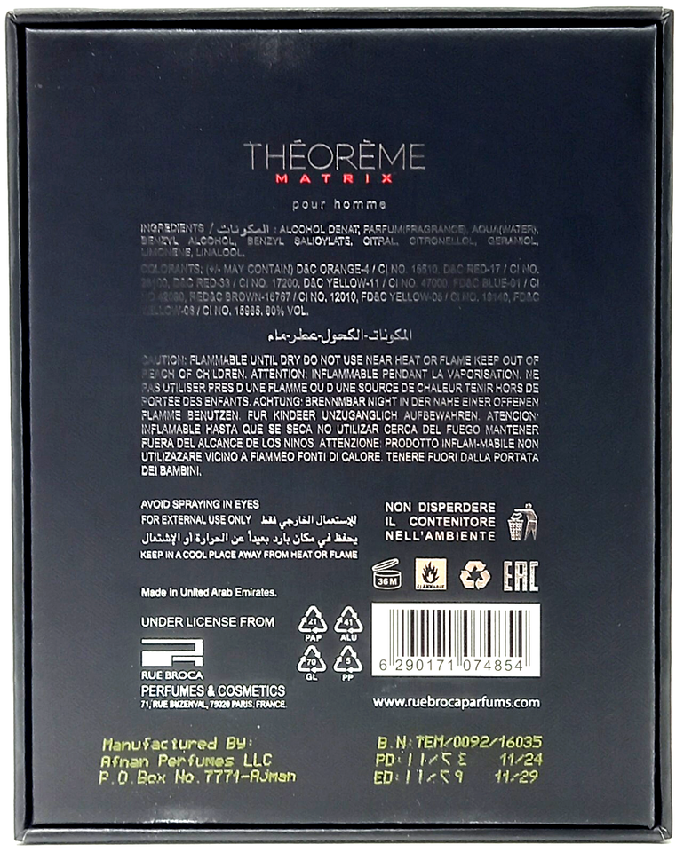 RUE BROCA THEOREME MATRIX POUR HOMME EAU DE PARFUM SPRAY FOR MEN 3.0 Oz ...