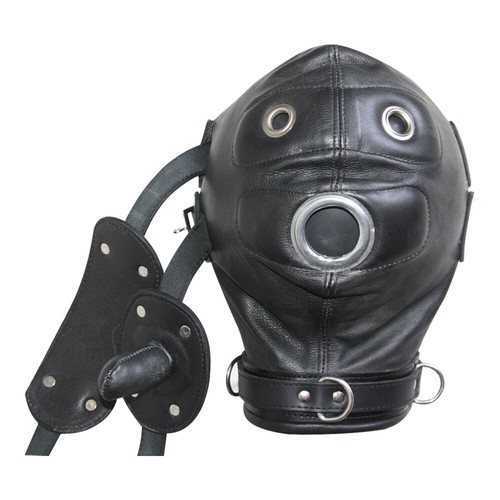 LEATHER GIMP Lockable O Ring Full Hood Mask Mouth Gag Costume Party ...