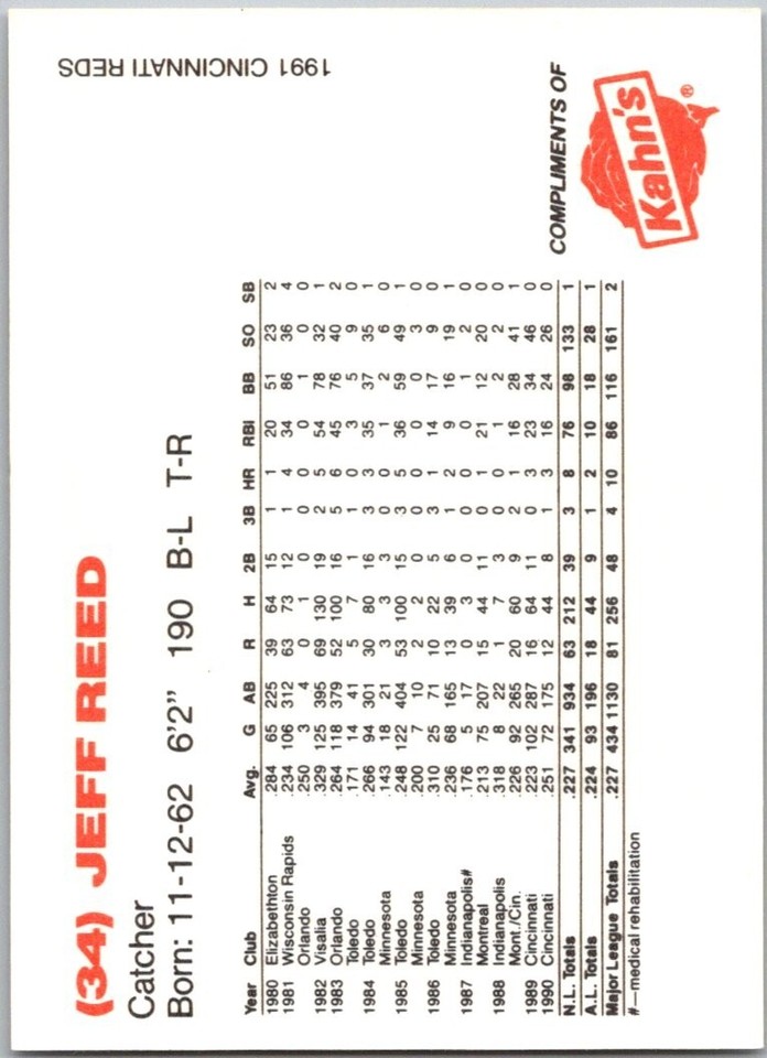 1991 Reds Kahn's #34 Jeff Reed | eBay