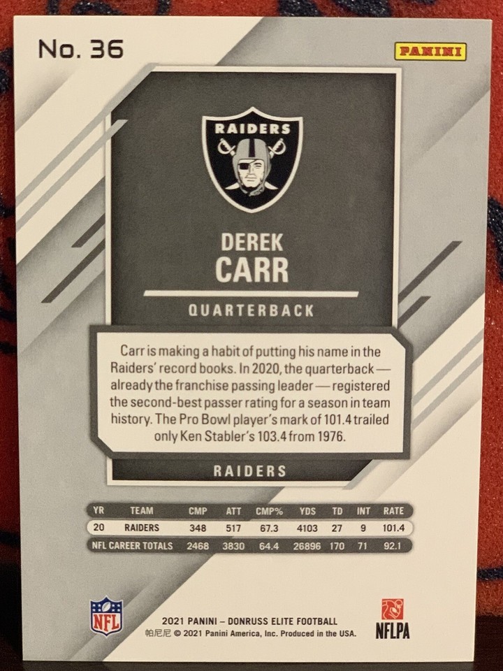 Derek Carr 2021 Donruss Elite Red 126/399 Las Vegas Raiders | eBay