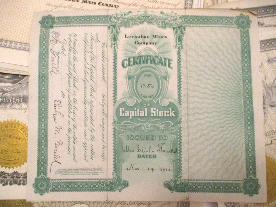 125 OBSOLETE ANTIQUE 1914-23 LEVIATHAN MINES CO. STOCK CERTIFICATES ...