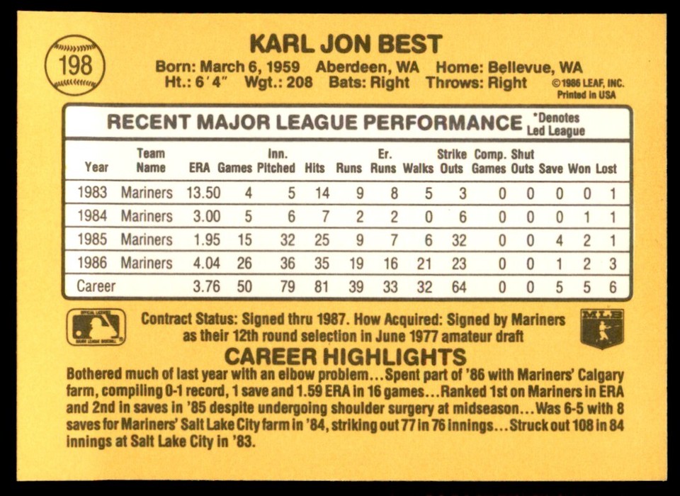 1987 Donruss Karl Best Seattle Mariners #198 | eBay