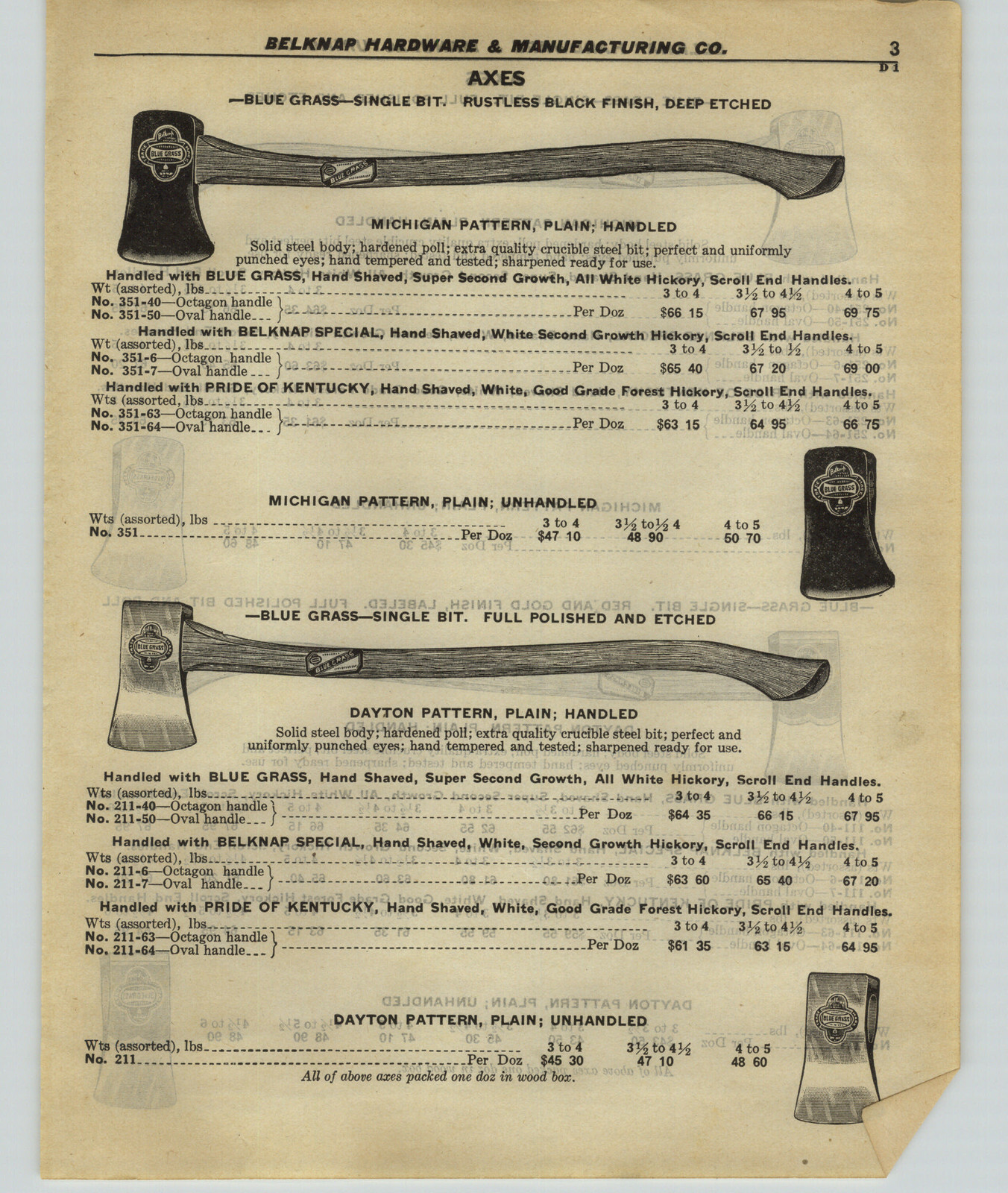 1927 PAPER AD Blue Grass Axe Axes Michigan Dayton Pattern | eBay