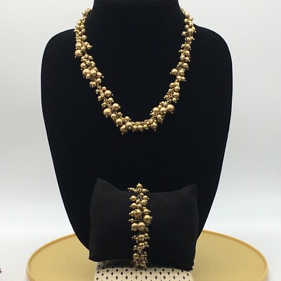 Premier Beaded Necklace and Bracelet Set Gold Tone Cluster Dangle Demi ...