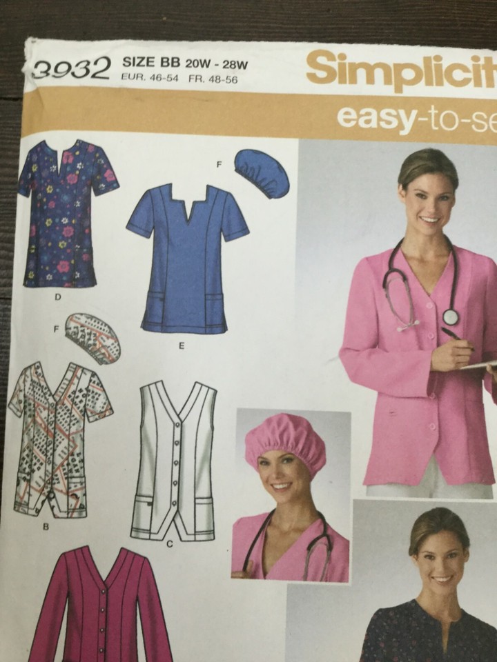 Simplicity 3932 Misses Womens Scrub Tops Hat Sleeve Variations 20W-28W ...