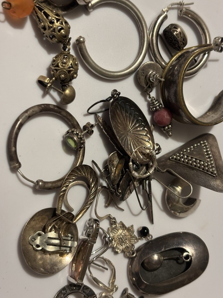 76 Gram Lot Of Sterling Silver Earrings, Scrap, Wearable Singles, Mixed ...