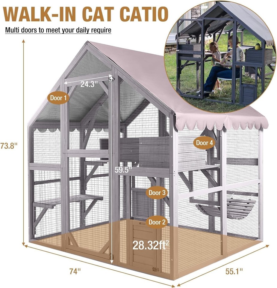 Wooden Catio Cat Enclosure Outdoor Large Cat Run with Bridges Houses ...