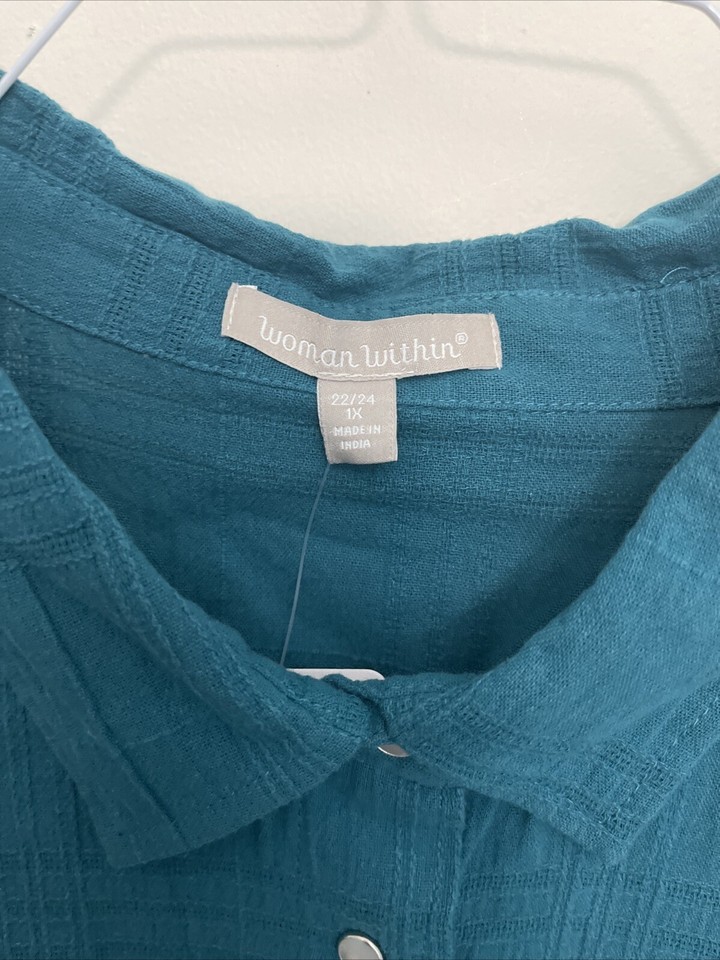 Women Whithin Button Down Gauze Shirt Teal Plus Size 1X 22/24 Roll Tab ...
