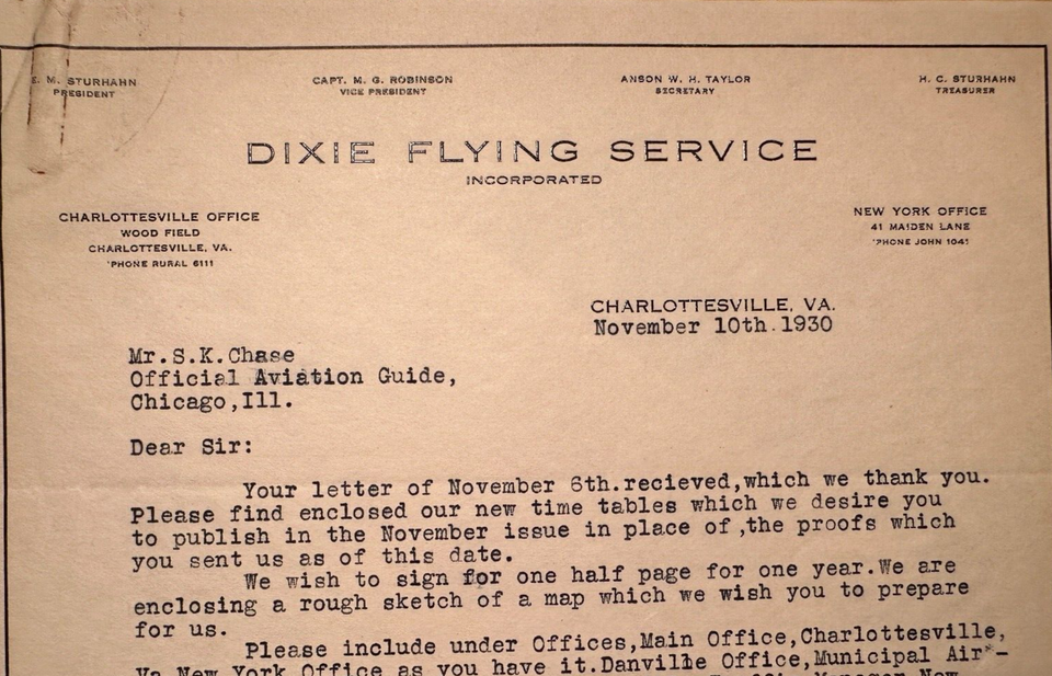 Dixie Flying Service - 1930 Chalottesville, VA. vintage business letter ...