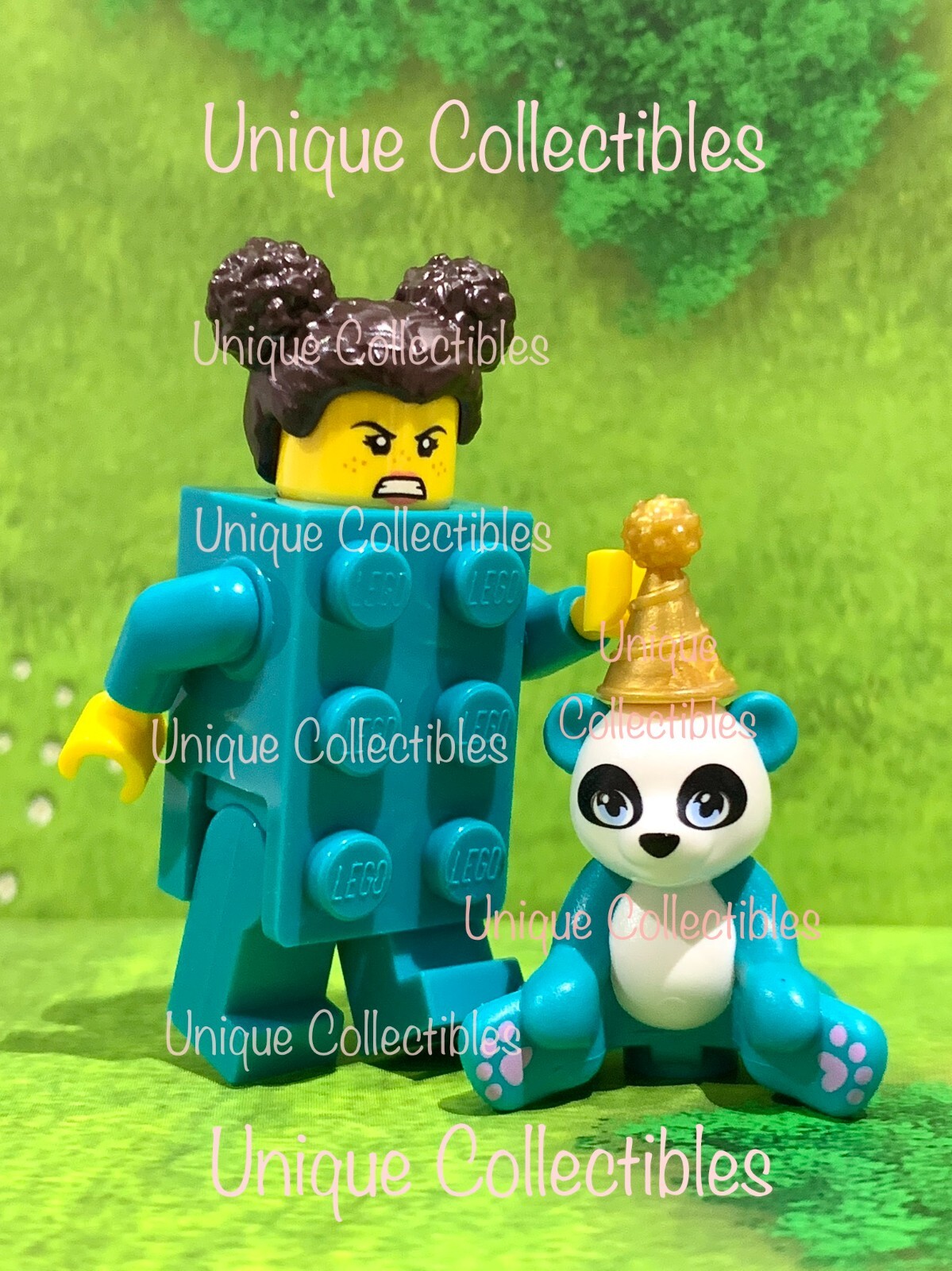 LEGO Minifigure Teal Brick Girl with Panda and Gold Party Hat Brand New ...