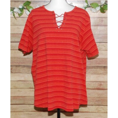 Avenue Red Metallic Stripes T-Shirt Top Size 22 24 Stretch Tie Up V ...