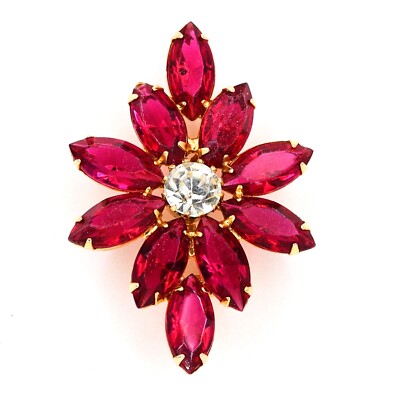 Ruby Red Flower Spray Pin Brooch Red and Clear Gold Plated | eBay