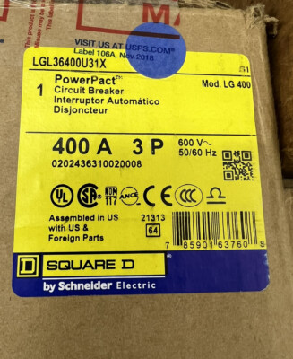 LGL36400U31X Square D 400 Amp 600V 35KA@480V 3P Feed Thru Circuit ...