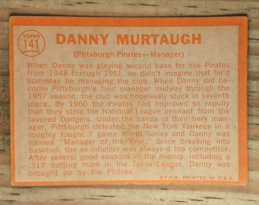 1964 TOPPS DANNY MURTAUGH CARD#141 PITTSBURGH PIRATES PHILLIES ATLANTA ...