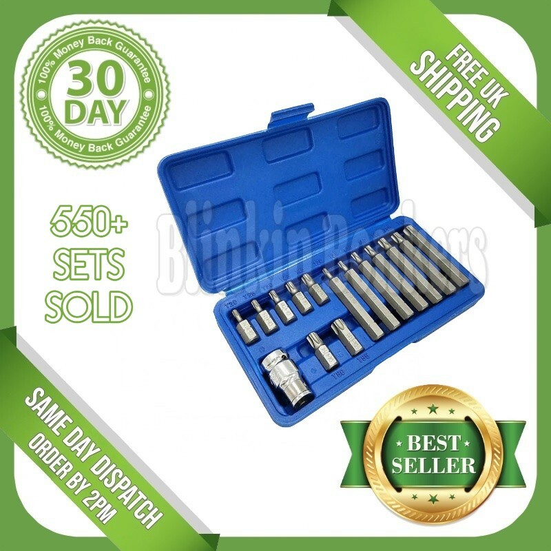 15PC LONG SHORT 1/2" DRIVE METRIC MALE TORQUE TORX STAR CRV SOCKET BIT ...