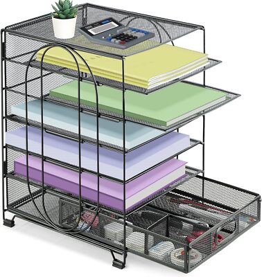 6-Tier Paper Organizer for Desk Letter Tray with Drawer Metal Mesh File ...