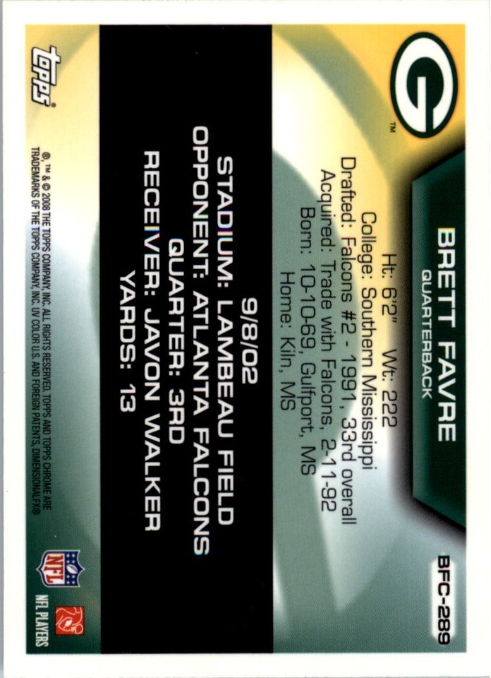 2008 Topps Chrome Brett Favre Collection #BF289 Brett Favre - FB | eBay