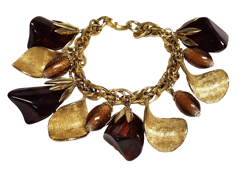 Vintage 1960's Gold Tone Brown Lucite Art Glass & Pod Rope Chain Charm ...