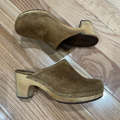 Ugg Cognac Brown Suede Abbie Slip On Sheep Skin Lined Heeled Clog 5772 ...