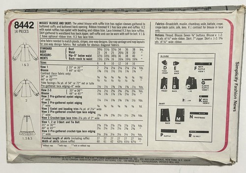 Simplicity Sewing Pattern 8442 Yoked Ruffled Blouse Skirt Misses 10 ...