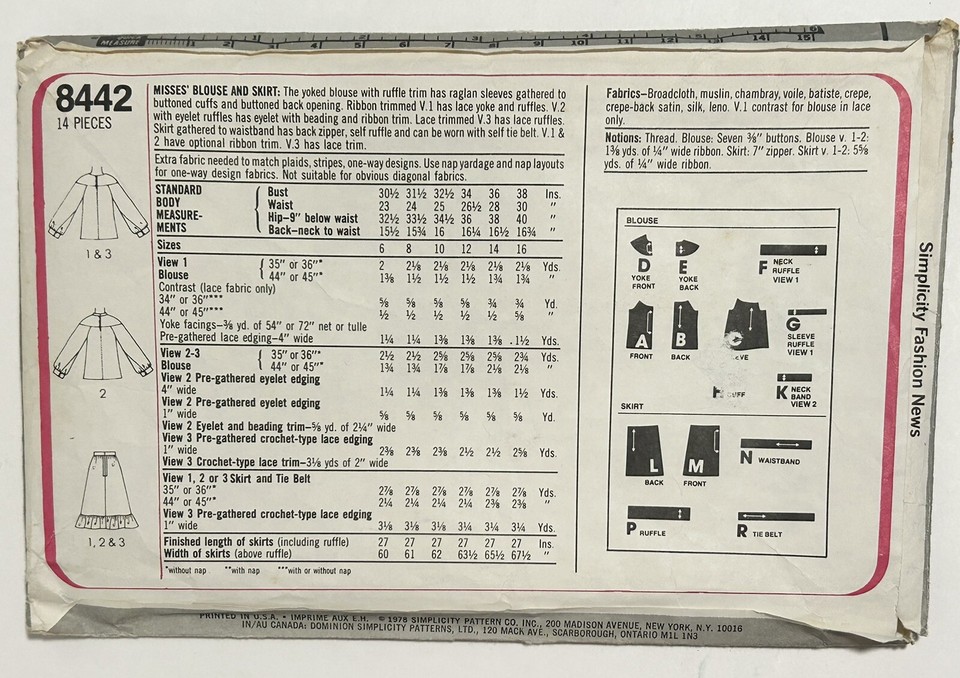 Simplicity Sewing Pattern 8442 Yoked Ruffled Blouse Skirt Misses 10 ...
