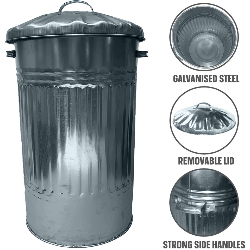 45L TALL STRAIGHT SIDED GALVANISED METAL RUBBISH WASTE KITCHEN DUSTBIN ...