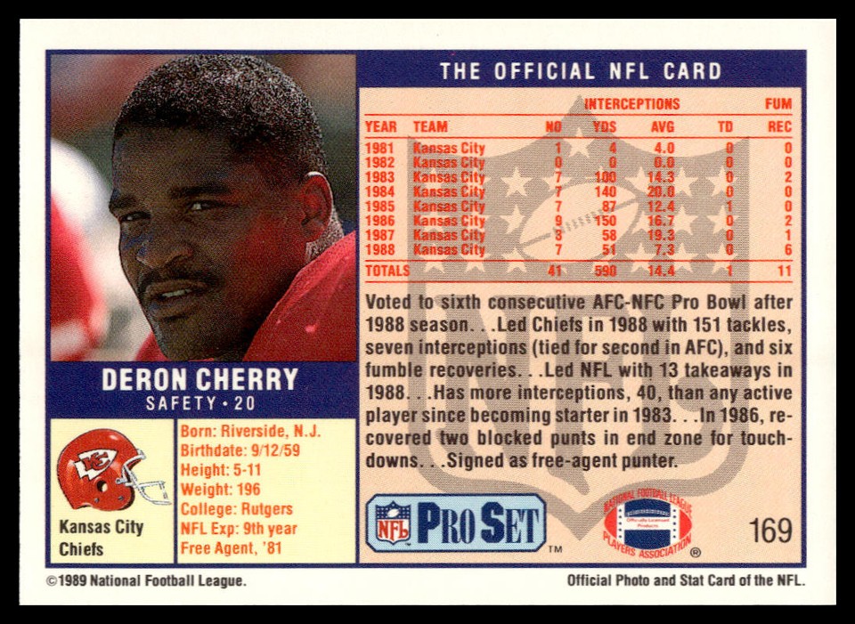 1989 Pro Set Deron Cherry #169 Kansas City Chiefs 93A | eBay