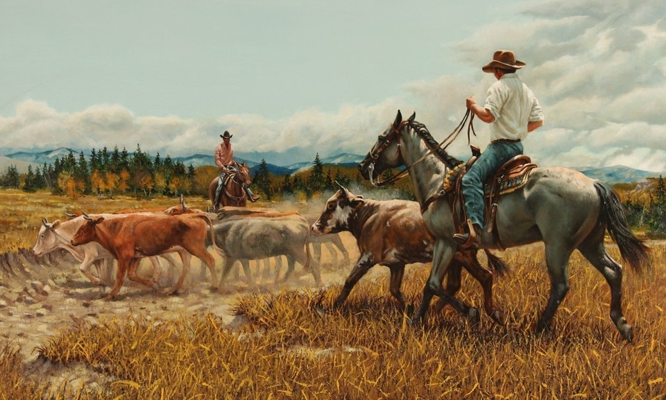 American Western Cattle Ranch Cowboys JERRY RINESS Realist Illustration ...