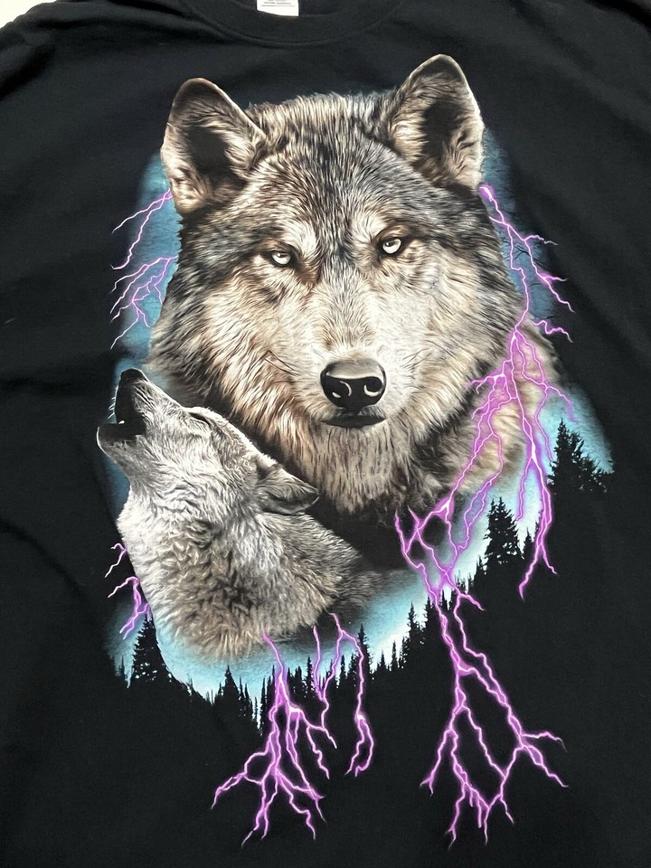 Howling Wolf Shirt Mens 2XL Black Lightning Mystic Nature Big Print Art ...