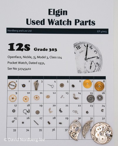 Elgin Used Watch Parts, 12 / 12s, Grade 303, Model 3, Class 114 Ser No ...