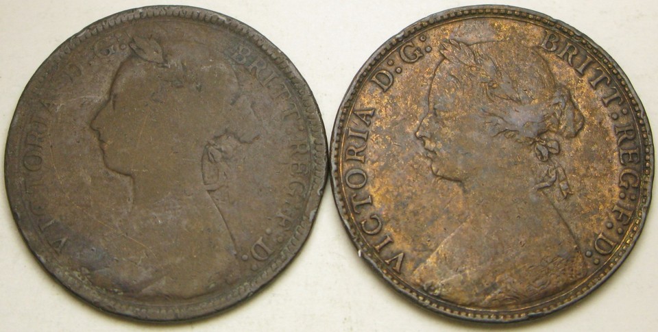 GREAT BRITAIN 1/2 Penny 1875 & 1/2 Penny 1888 - 2 Bronze Coins ...