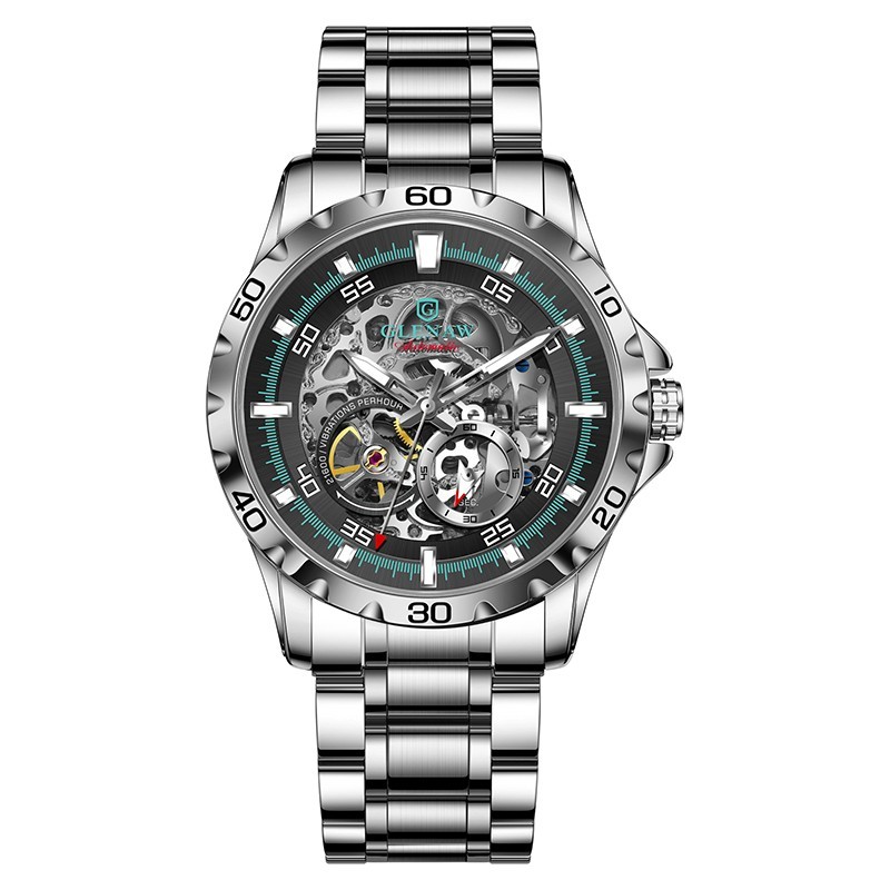 GLENAW Men's Automatic Mechanical Movement Watch Skeleton Open Dial ...