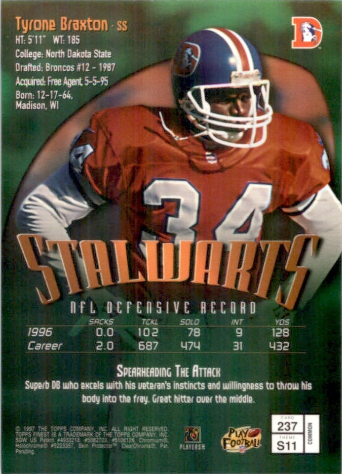 1997 Finest Tyrone Braxton Denver Broncos #237 | eBay