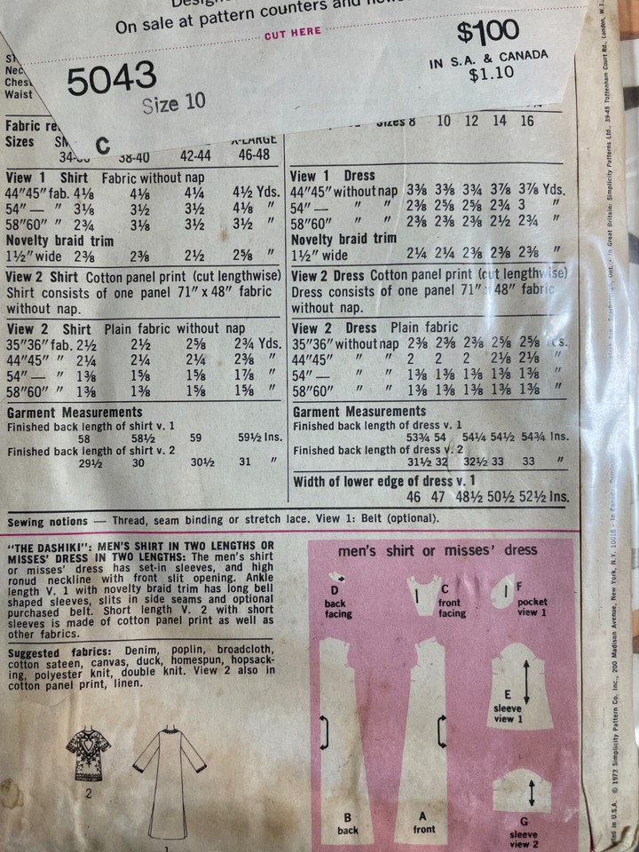 Simplicity 5043 Vintage Dashiki Shirt & Dress Sewing Pattern Sz. 10 | eBay