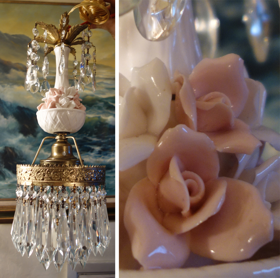 Swag plugin vintage lamp Porcelain Pink cabbage Rose Brass chandelier ...