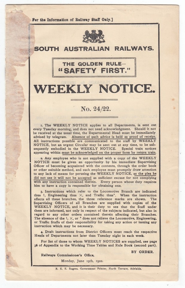 SAR South Australian Railways Weekly Notices Booklet June 1922 | eBay