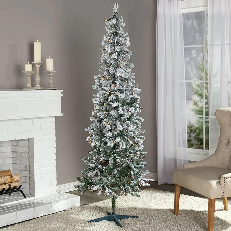 7Ft Slim Prelit Artificial Christmas Tree Flocked Green or White ...