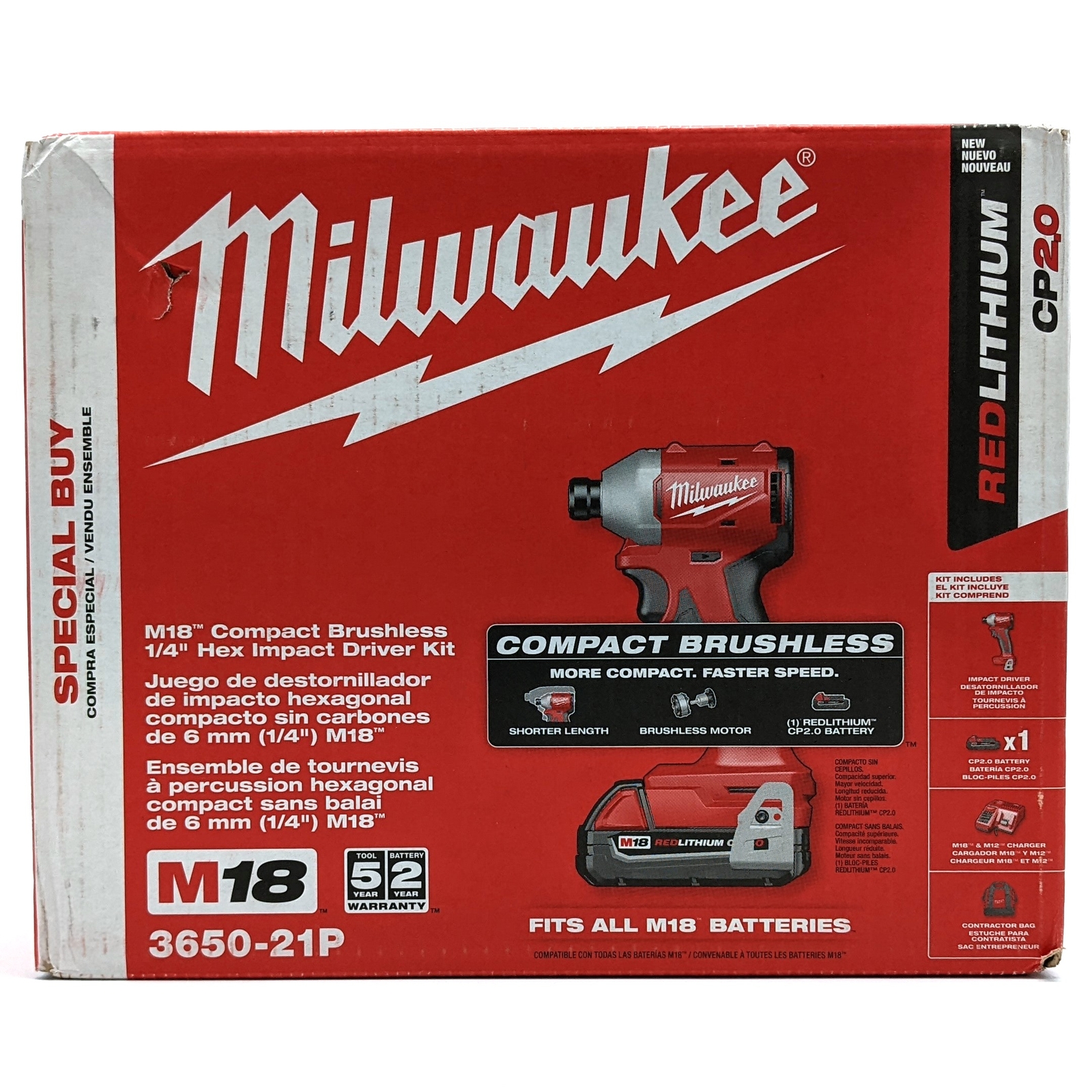 Milwaukee 3650-21P M18 18V 1/4" Compact Hex Impact Driver Kit ...