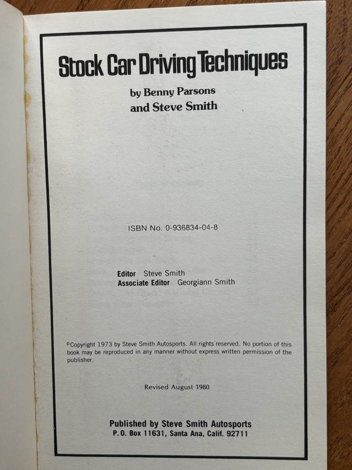 Stock Car Driving Techniques By Benny Parsons & Steve Smith Book 1980 ...